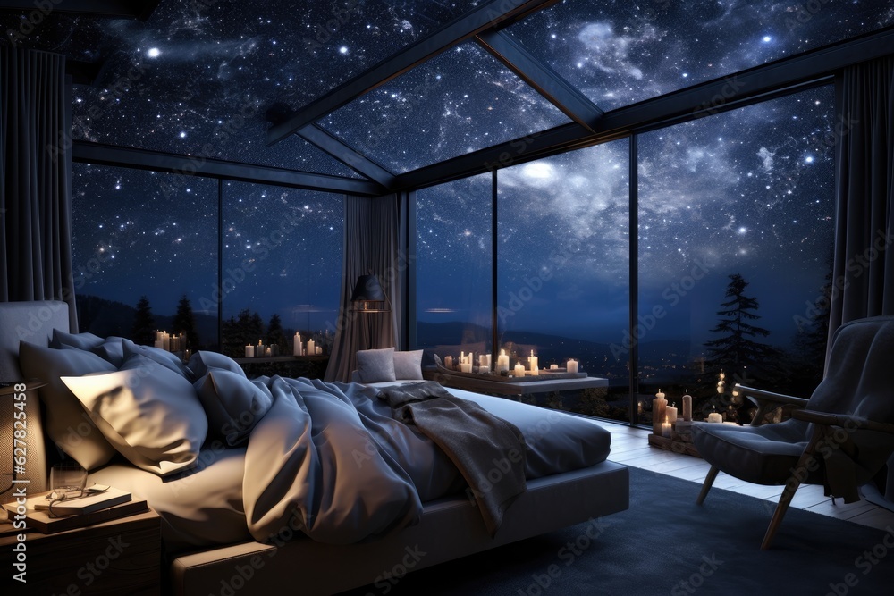 Interior of a modern bedroom at night with a view of the starry sky, A ...