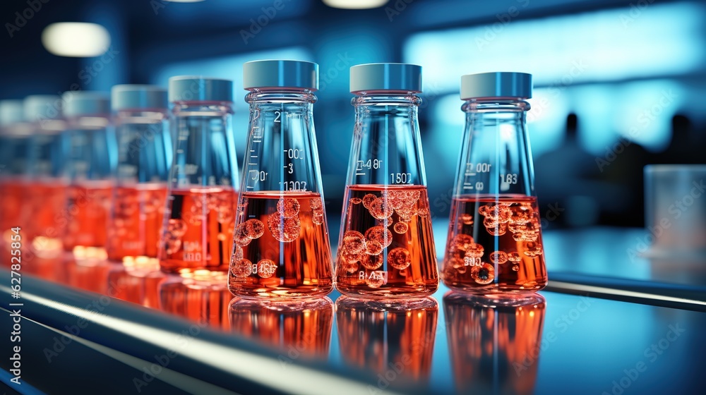 Flask test tubes with chemical laboratory tests stand on a glass table ...