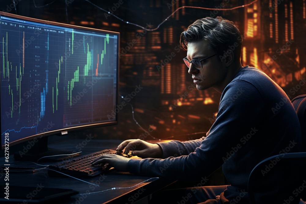 Illustrate a hyperrealistic image of a male trader using advanced ...