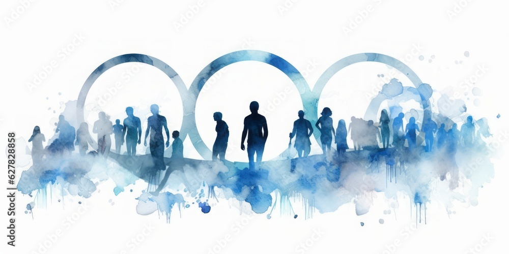Blue Aquarelle Silhouette of People around the Olympic Symbol, Crafted ...