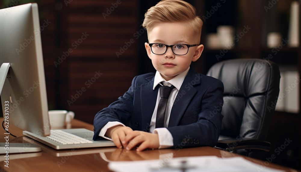 child boss in business suit in office, made with Generative AI Stock ...