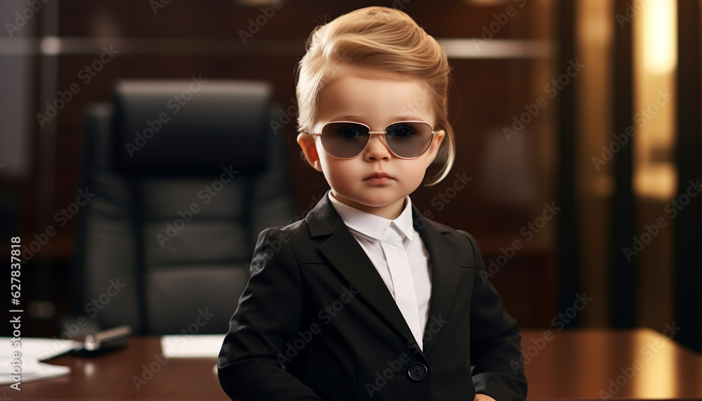 Girl baby boss in business suit in office, made with Generative AI ...