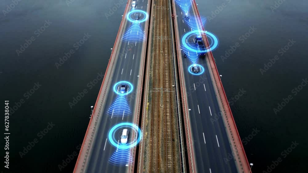 Camera follows a futuristic vehicles. Autonomous self-driving cars ...