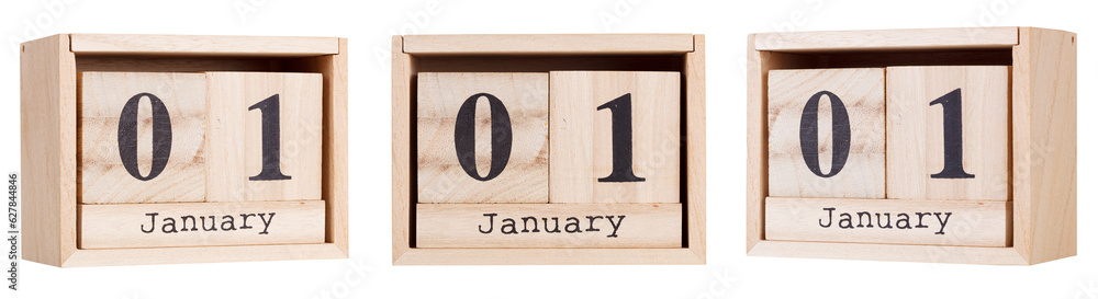 Wooden calendar, a set of dates of the month 01 January, on a white and ...