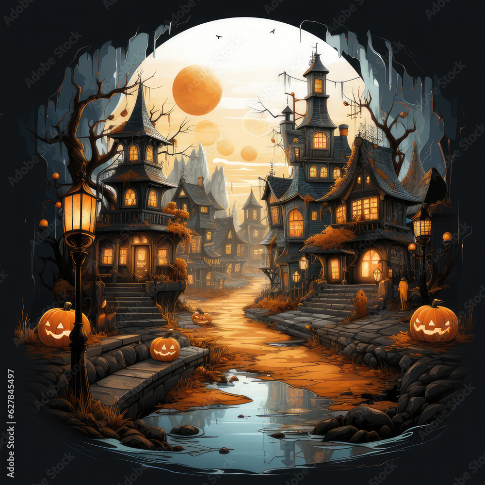 A futuristic and dystopian halloween haunted house t-shirt design ...