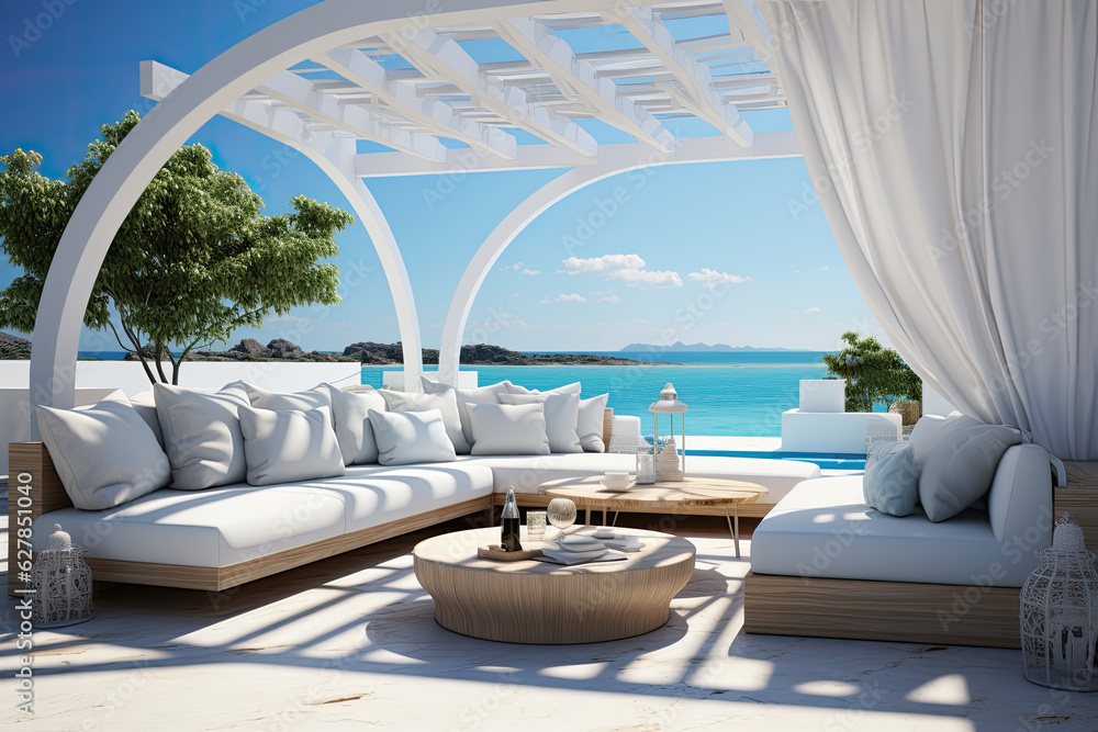 Summer vacation at poolside. Veranda decorated with deck chairs and ...