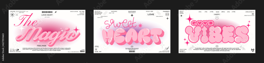 Y2K posters in a retro futuristic pink style with gradient. Cute fluffy ...