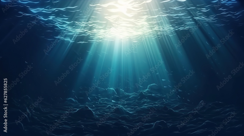 Dark blue ocean surface seen from underwater. Illustration of sun light ...