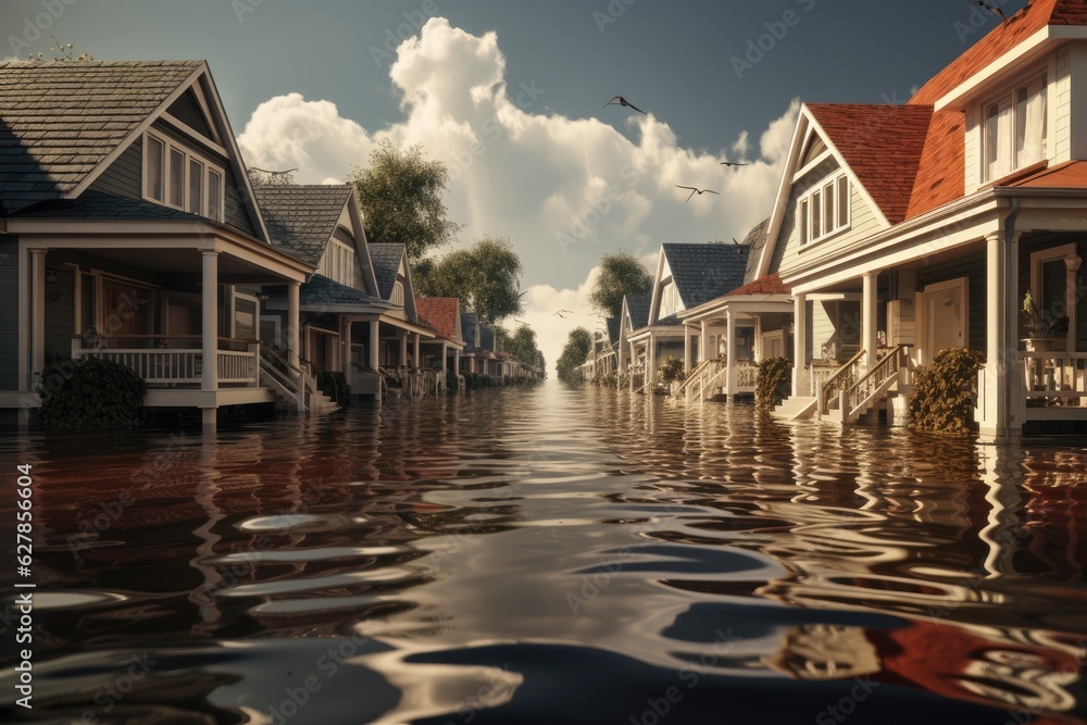 flooded houses in a flooded area due to the heavy rains in Florida, 3d rendering. flooding ...