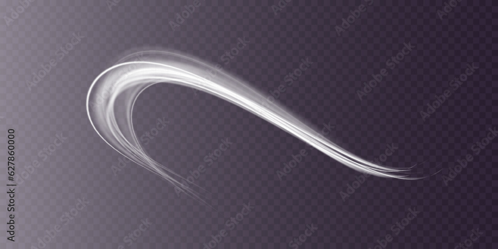 White light trails with motion blur effect, long exposure time vector. Linear magic glowing ...