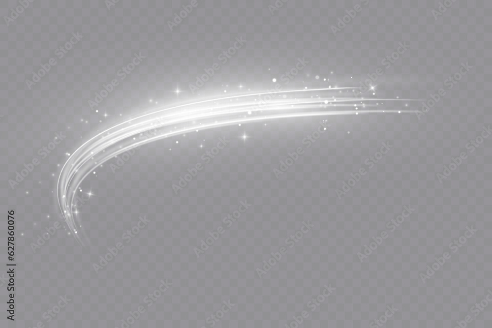 Wavy glowing white line of speed. Magic light trail of glittering comet ...