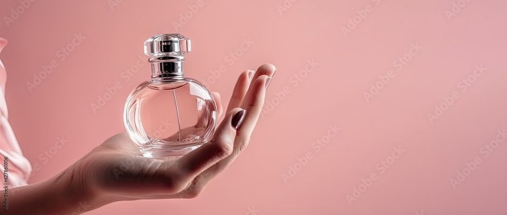 Hand of woman shows a fragile perfume bottle on a pink background Stock ...