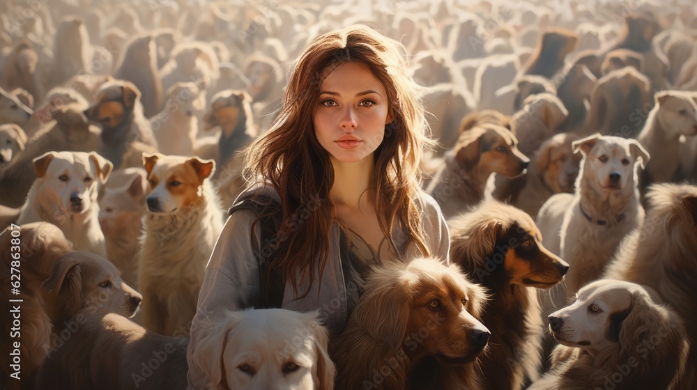 A mass of dogs, a huge crowd and a close-up view of a young beautiful ...