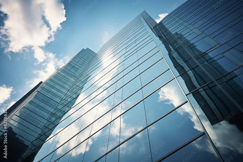 Reflective skyscrapers, business office buildings. Low angle ...