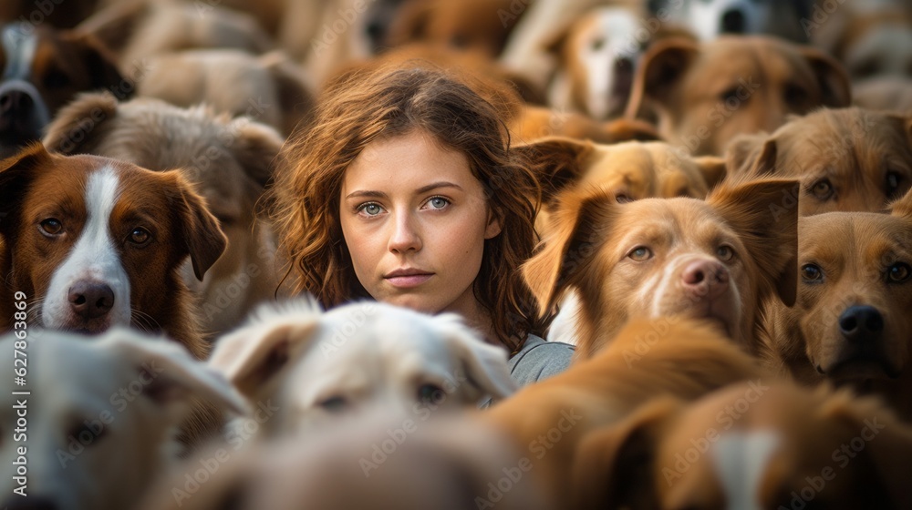 A mass of dogs, a huge crowd and a close-up view of a young beautiful ...