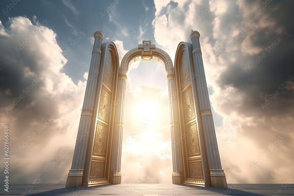Divine gate leading to heaven through sunlight and clouds. Generative ...