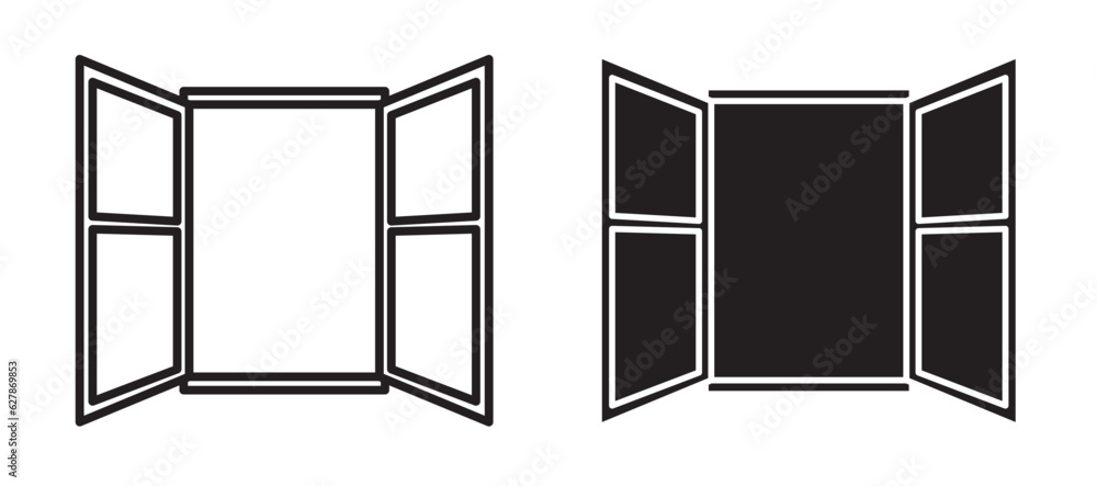 Opened glass window icon set. simple window frame vector symbol in ...