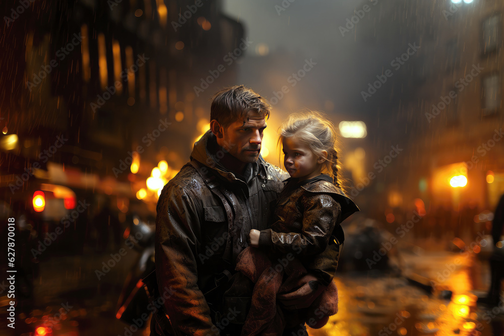 A fireman carrying a child to safety from a burning structure Stock ...