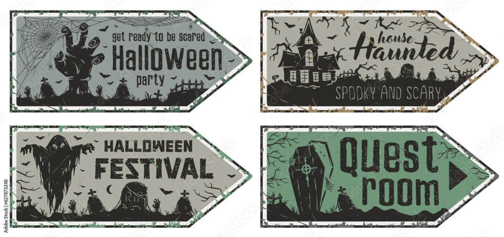 Halloween set of pointer posters for mystery party. Collection of ...