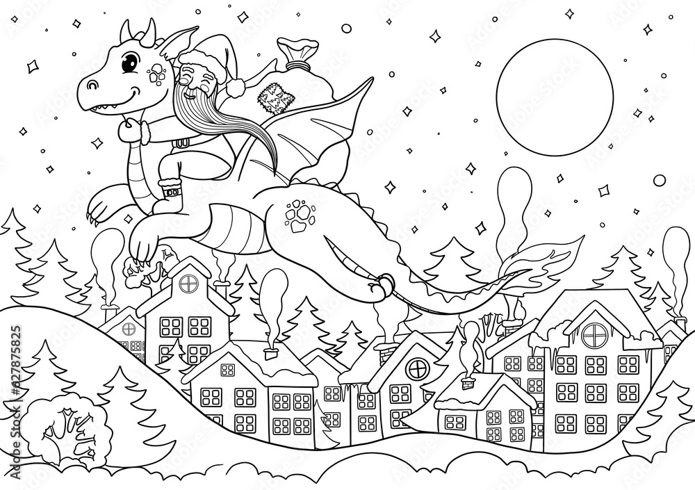 Dragon vector coloring page Christmas illustration. Hand drawn artwork ...