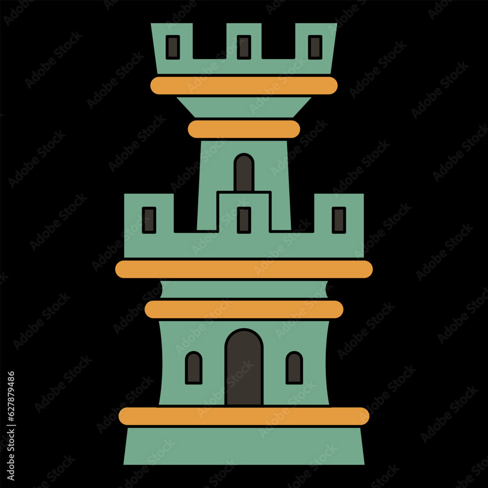 Tower of medieval castle. Symmetrical architectural design. On black ...