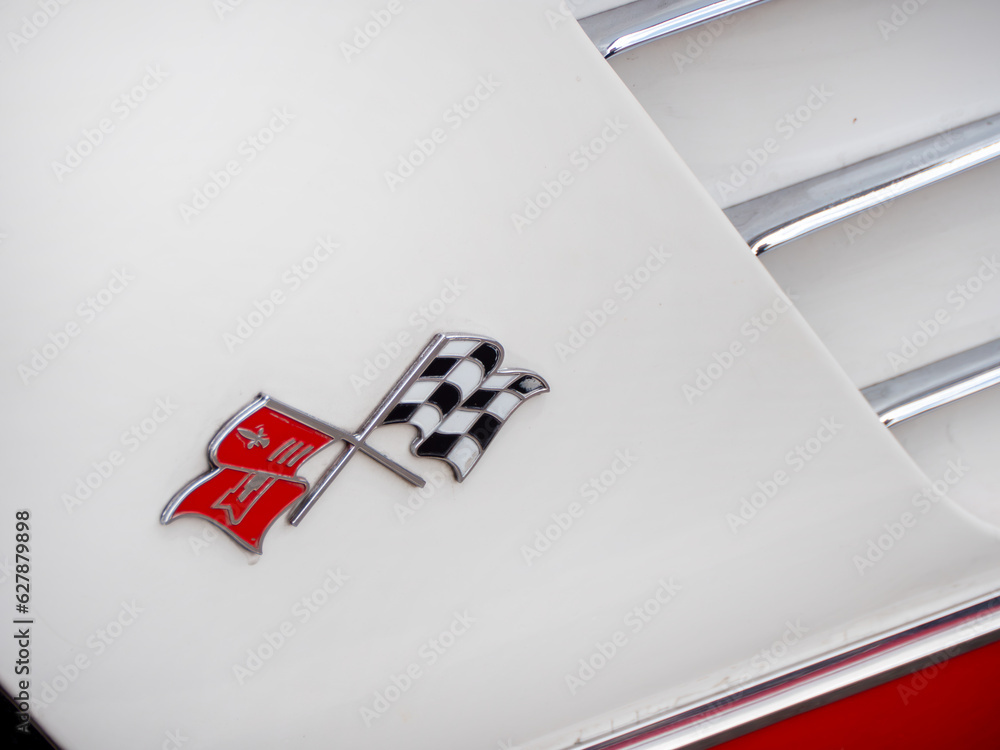 Up Close with the Iconic Chevrolet Corvette Logo on a Red Retro ...