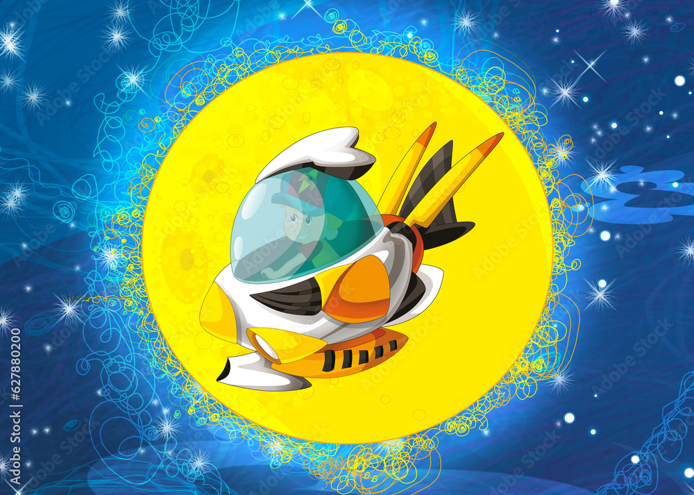 Cartoon funny colorful scene of cosmos galactic alien ufo space craft ...