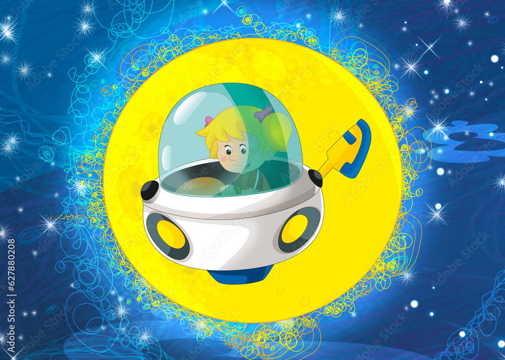 Cartoon funny colorful scene of cosmos galactic alien ufo space craft ...
