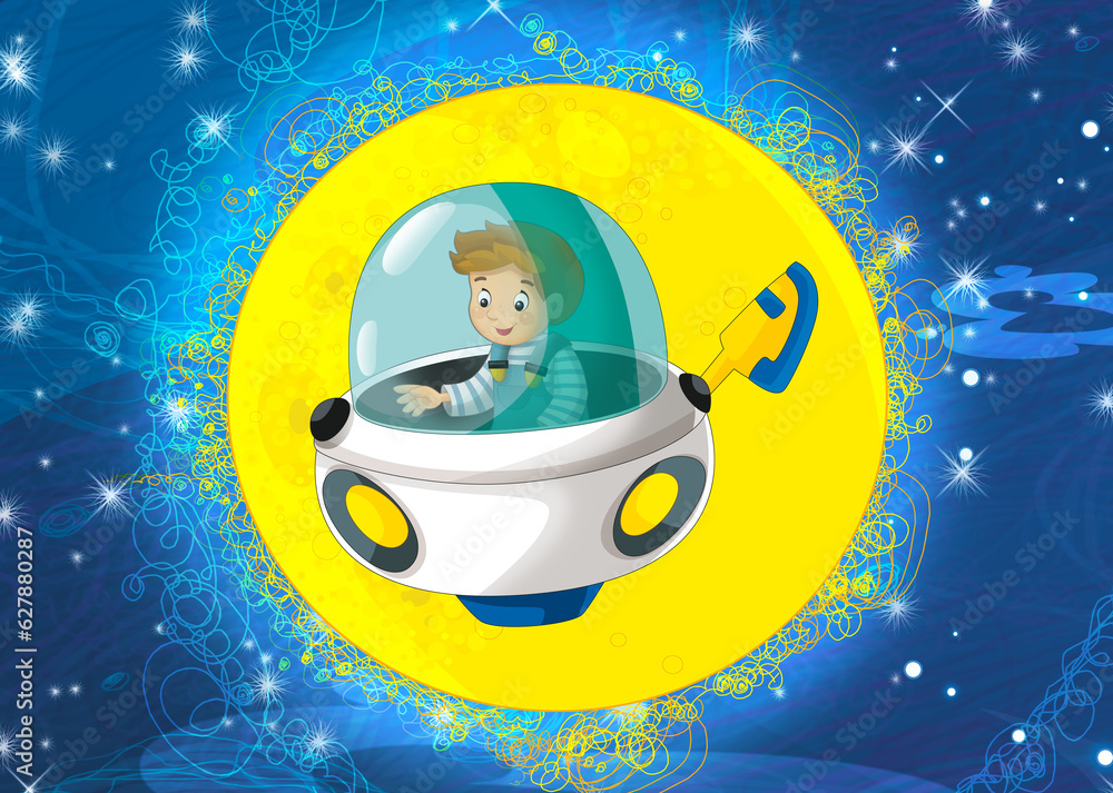 Cartoon funny colorful scene of cosmos galactic alien ufo space craft ...