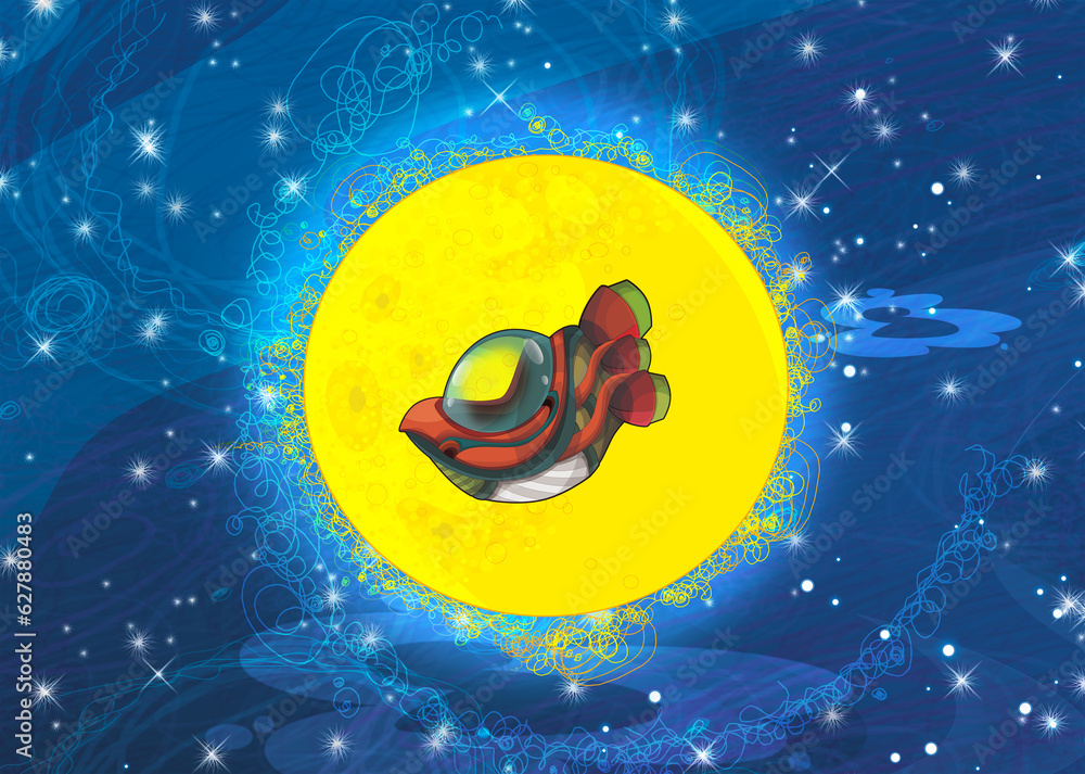 Cartoon funny colorful scene of cosmos galactic alien ufo space craft ...