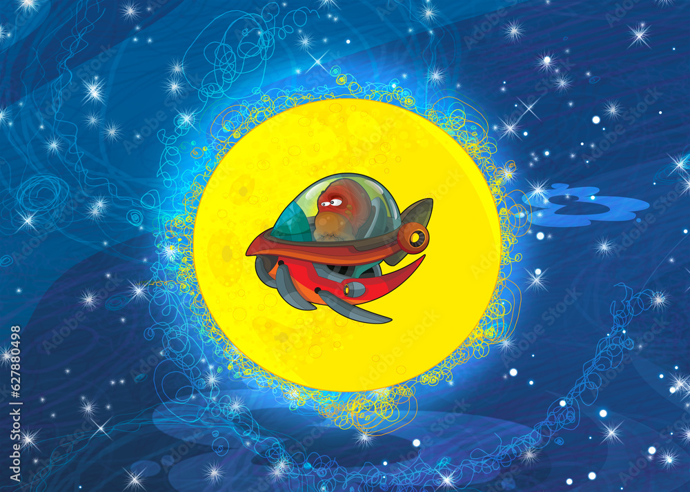 Cartoon funny colorful scene of cosmos galactic alien ufo space craft ...