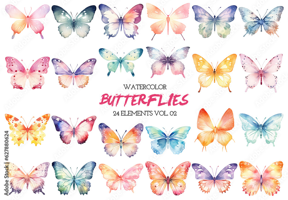 Watercolor painted butterflies clipart. Hand drawn design elements ...