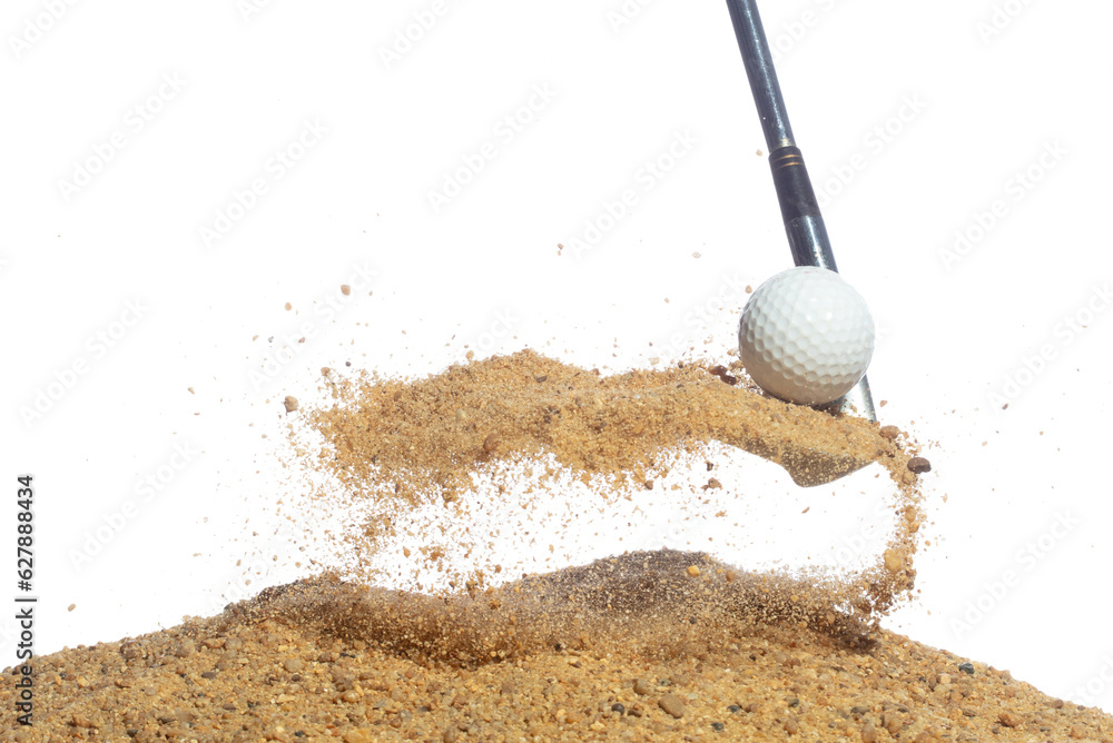 Golf ball explode from sand bunker. Golfer hit ball with club to sand ...