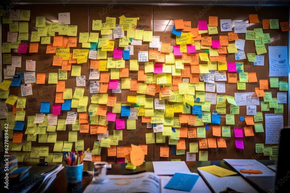 Organized Chaos: Busy Office with a Wall of Post-it Notes Filled with ...
