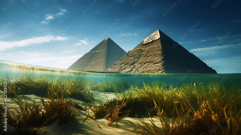 The Great Pyramids of Giza (Egypt) are flooded with seawater. In place ...