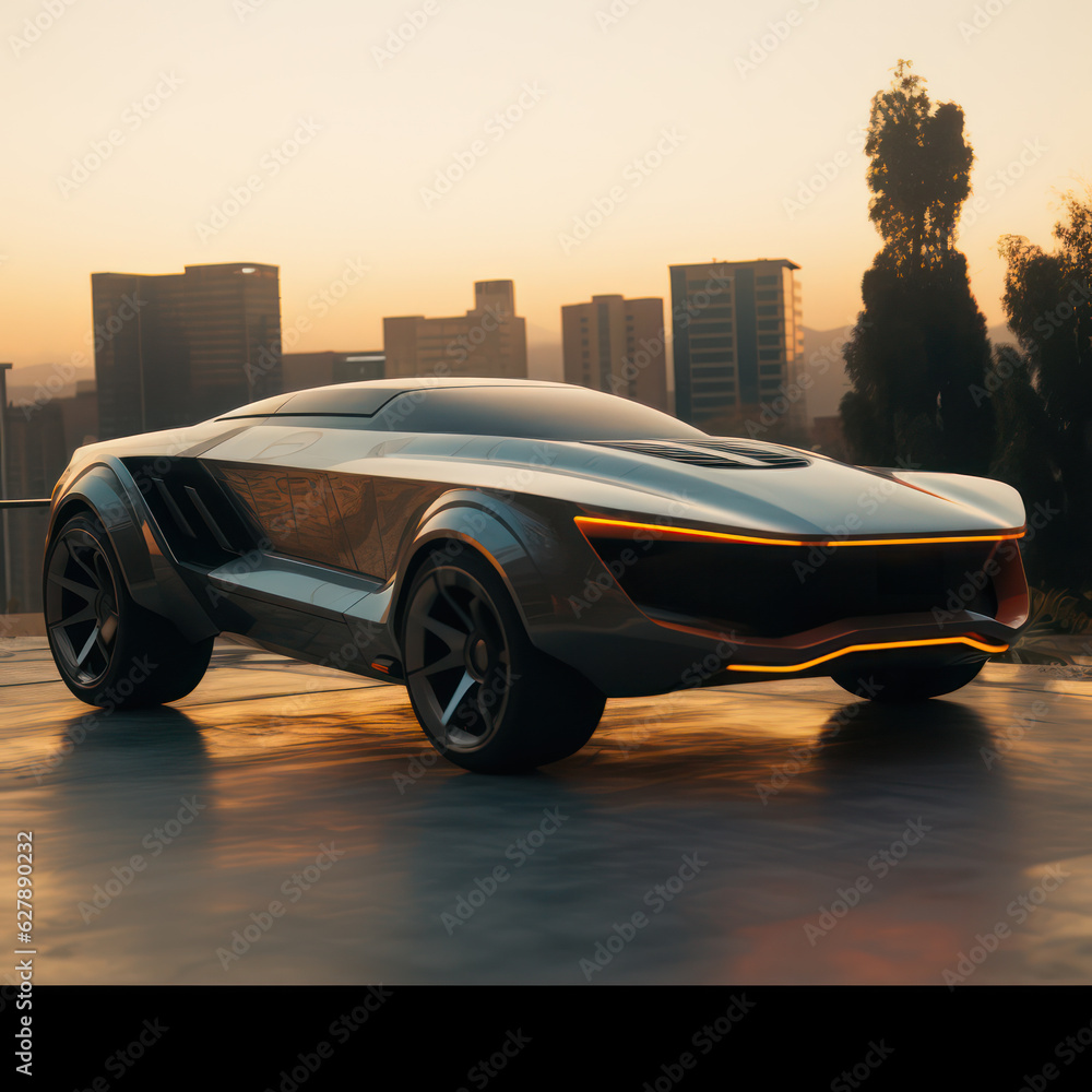 Advertising style concept sci-fi vehicle barked as the city skyline as ...