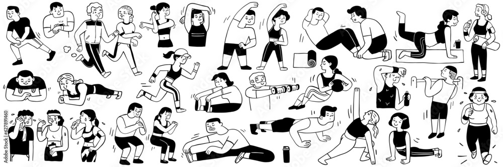 Cute character doodle illustration of different people doing outdoor ...