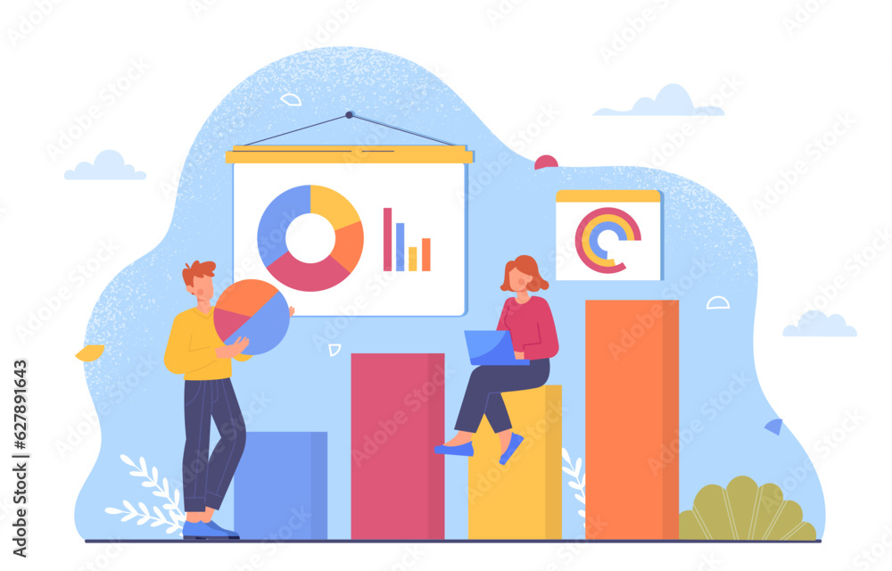 People with data collection concept. Man and woman with laptops near ...