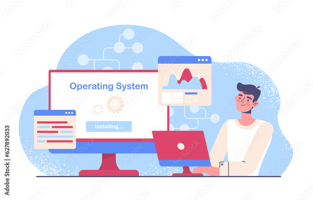 Operating system concept. Man behind laptop updates computer, downloads ...