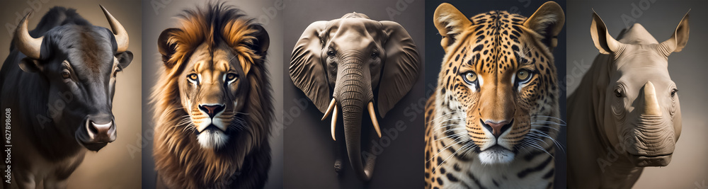 Big five Africa. Set of Big Five African animals. Lion, elephant, rhino ...