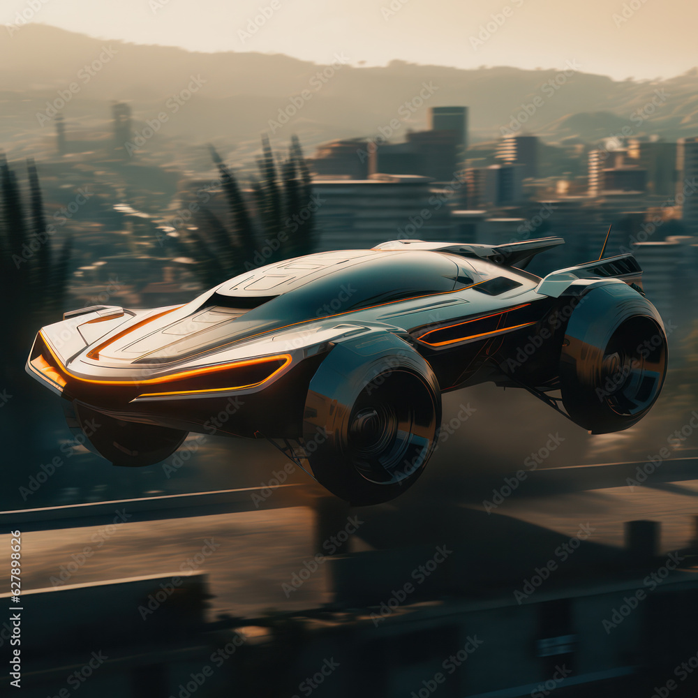 Advertising style concept sci-fi vehicle taking off from residence with ...