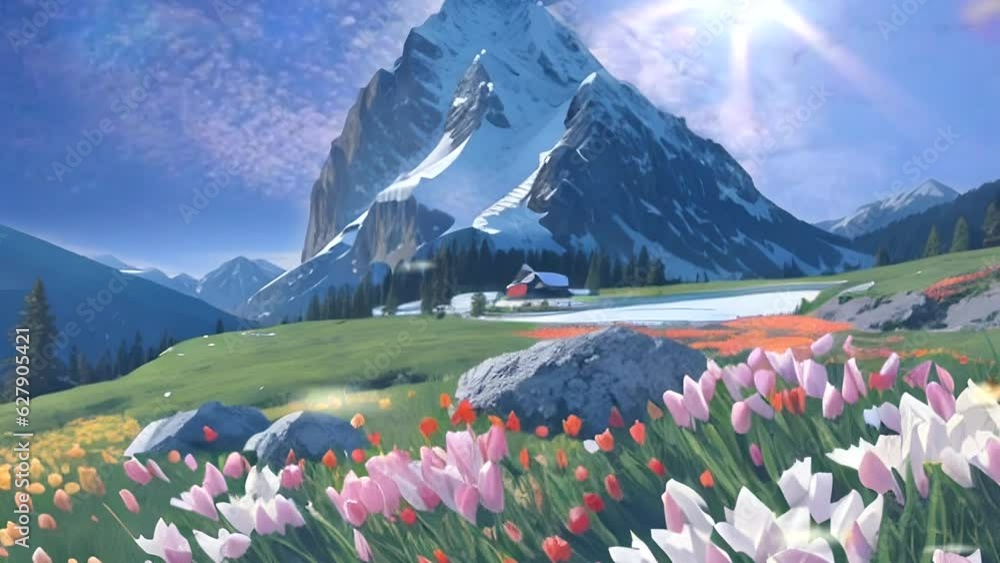 Beautiful panoramic fantasy landscape with field of tulips in anime ...