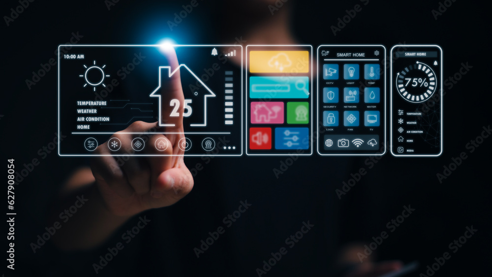 Futuristic virtual screen HUD above digital tablet computer. Assistant ...