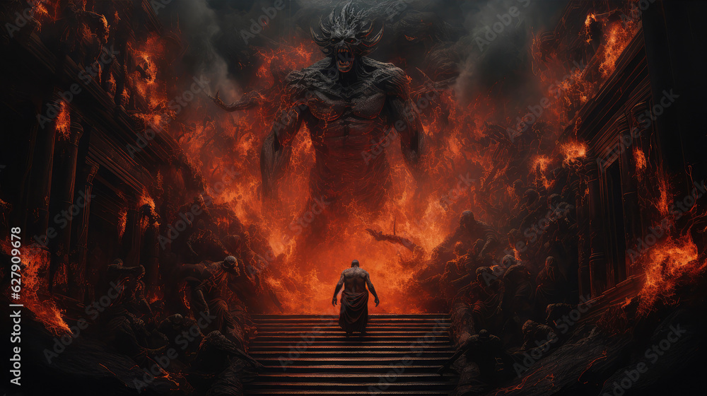 a man walking stairs to a giant red devil demon in the fire Stock ...