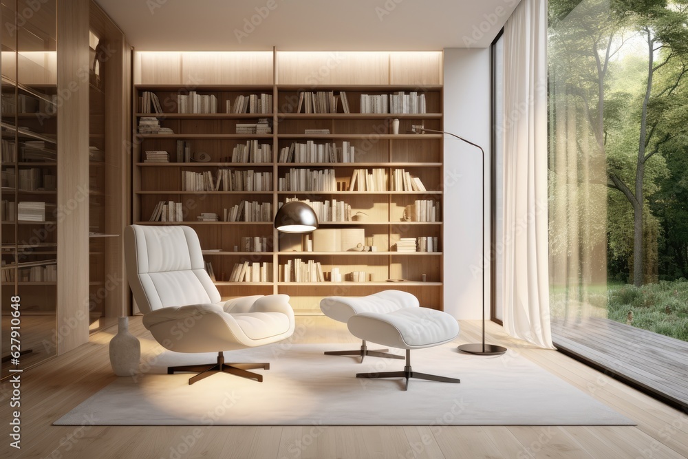 A modern and minimalist home library, beautifully adorned with an ...