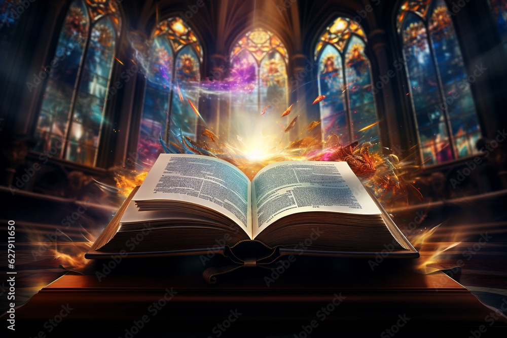 Divine Illumination: Open Bible atop Pulpit, Awash in Stained Glass ...