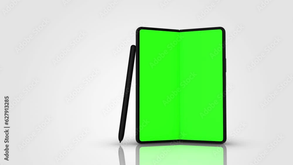 Fold Mobile phone with blank green screen, isolated on white background ...
