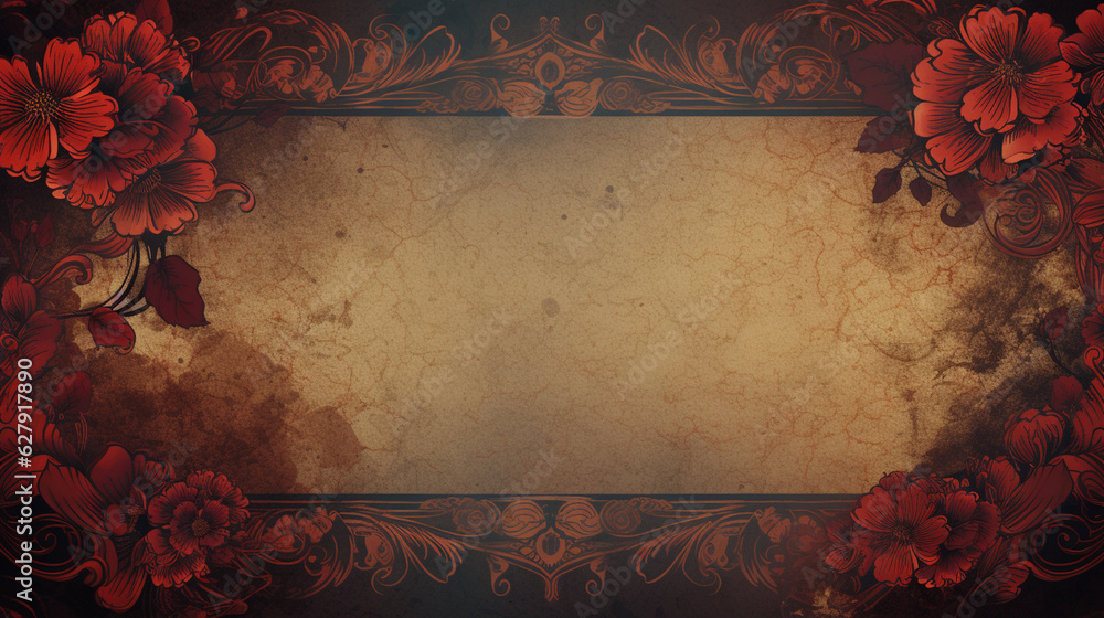 Empty classic banner, background with red flowers border. Retro vintage ...
