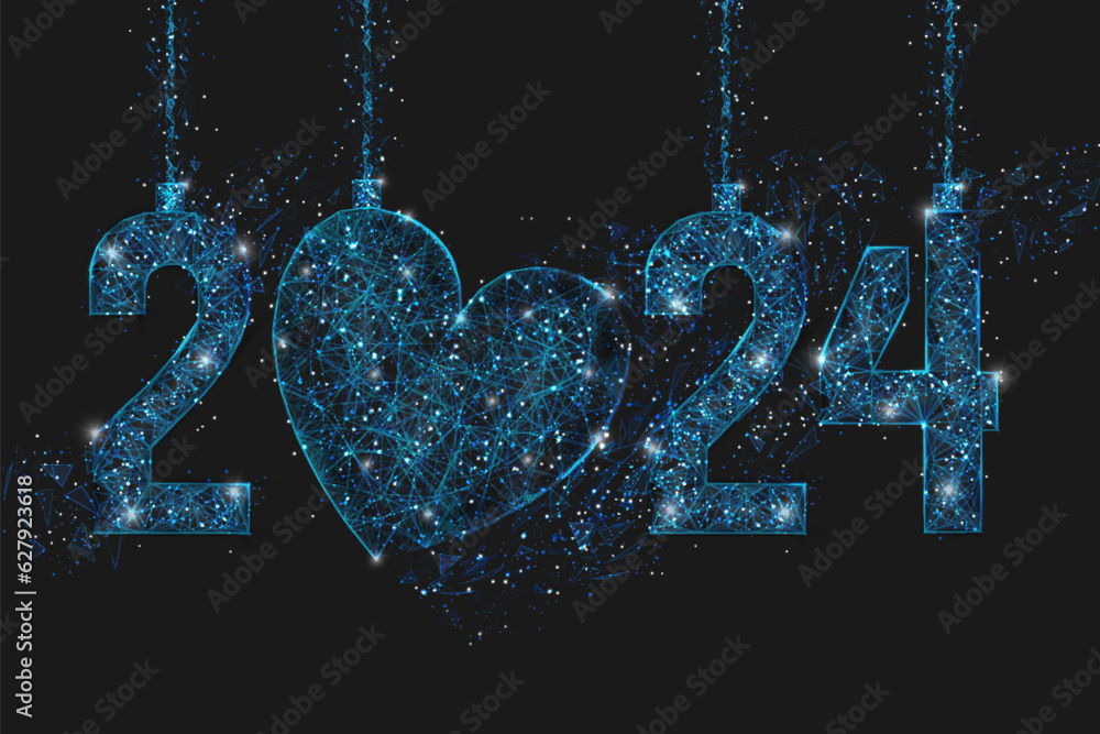 Abstract isolated blue image of new year number 2024. Polygonal low ...