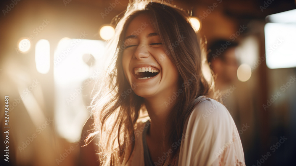 Infectious laughter - A joy-filled woman, eyes shut in pure amusement ...